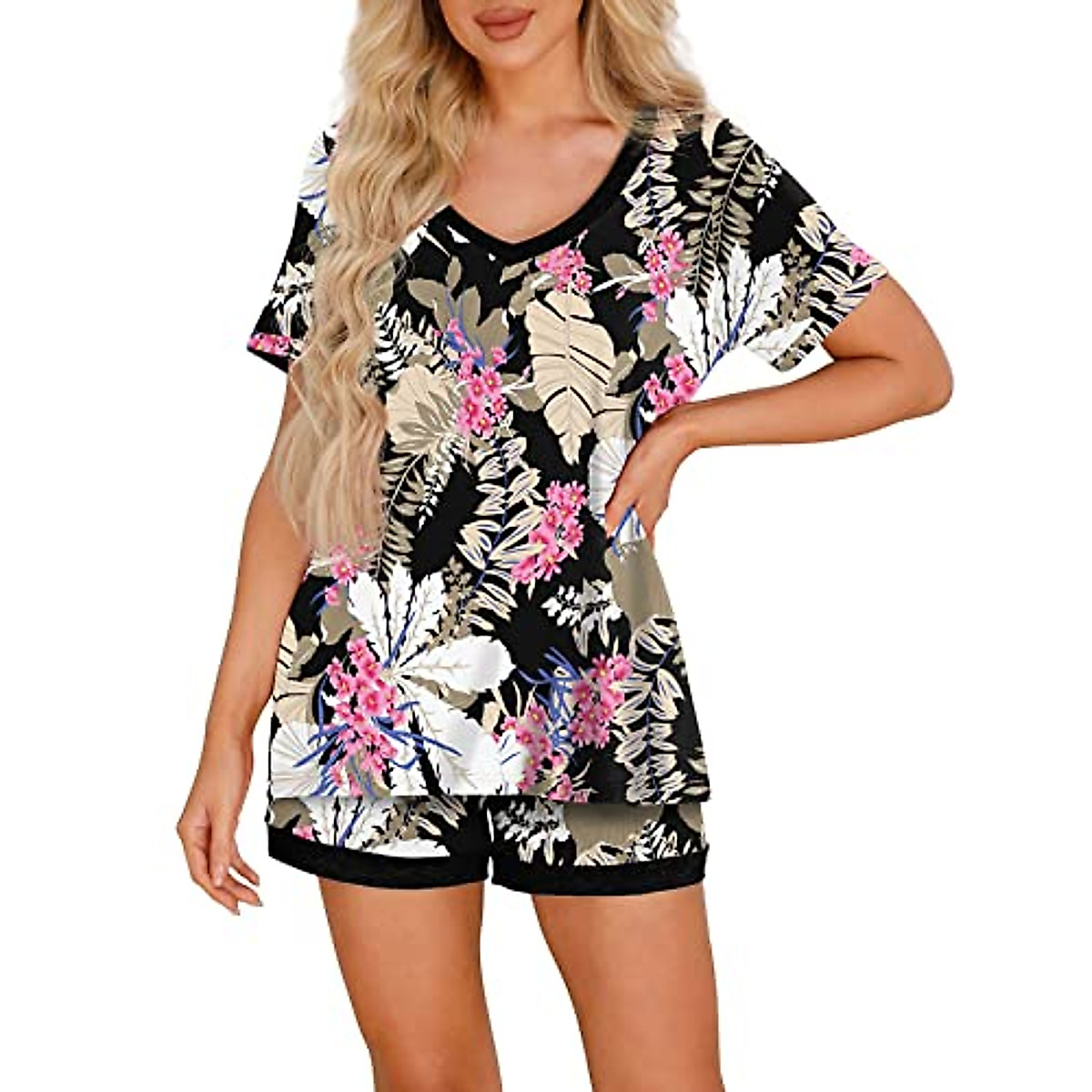 PrinStory Women's Pajama Set Short Sleeve Shirt and Shorts Sleepwear Pjs Sets with Pockets FP-Big Leaf Pink-Large