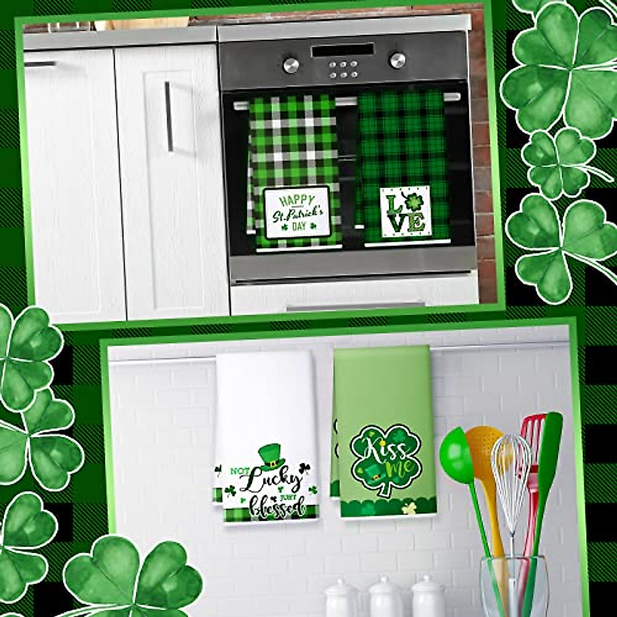 4 Pcs St Patrick's Day Dish Towel Kitchen Towel Absorbent Fast Drying Cloth Decorative St Patrick's Day Gnomes Tea Towels Decorative Dishcloths for Kitchen Bathroom Home, 16 x 24 Inch (Cute Style)