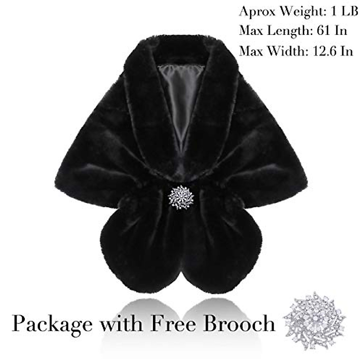 Unicra Wedding Fur Wraps and Shawls Faux Fox Fur Stoles Winter Cover Up with Rhinestones Brooch for Women and Girls (US 4-14(S-M), Black)