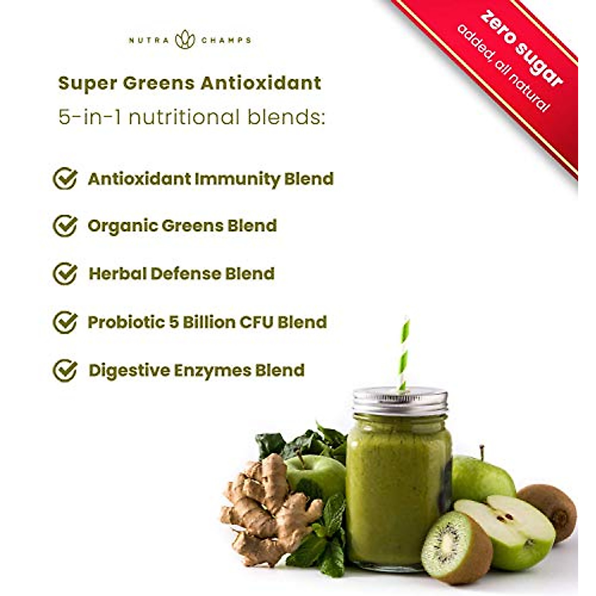 Super Greens Powder Premium Antioxidant Superfood | Organic Greens Fruit and Veggie Vegan Supplement | 40+ Greens and Superfoods Including Wheatgrass & Spirulina | Probiotic Powder Greens, Sweet Berry
