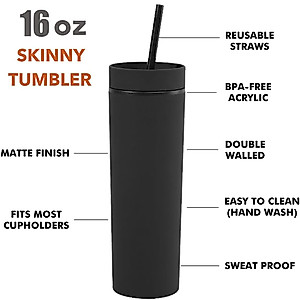 momocici Skinny Tumblers Bulk.16oz Matte Pastel Colored Skinny Tumblers with Lids and Straws.Double Walled Plastic Acrylic Smoothie Tea Iced Coffee Tumbler Cups.Slim Black Tumbler Set.(Black)
