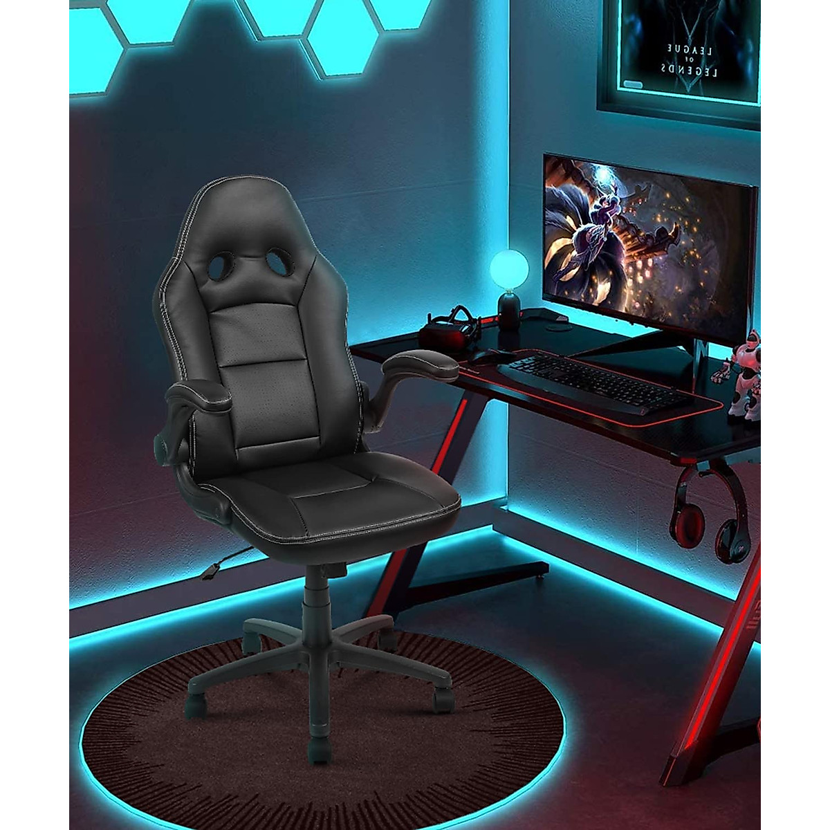 KLASIKA Computer Office Gaming Chair, Ergonomic Swivel Video Game Chairs with Flip Up Armrest Adjustable High Back Leather Desk Chair for Adults Women Men, Black