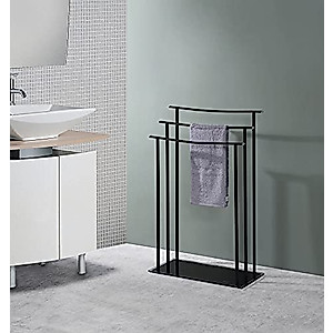 Pilaster Design Modern Hamzi Triple Free Standing Bathroom Towel Rack Stand, Black Metal with Tempered Glass