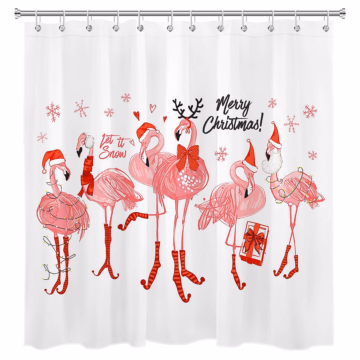 HVEST Pink Christmas Flamingo Shower Curtain 72x72 Inches with 12 Hooks Snowflake Happy Tropical Bird Family with Santa Hat Merry Christmas Curtains Polyester Fabric for Kids Bathroom