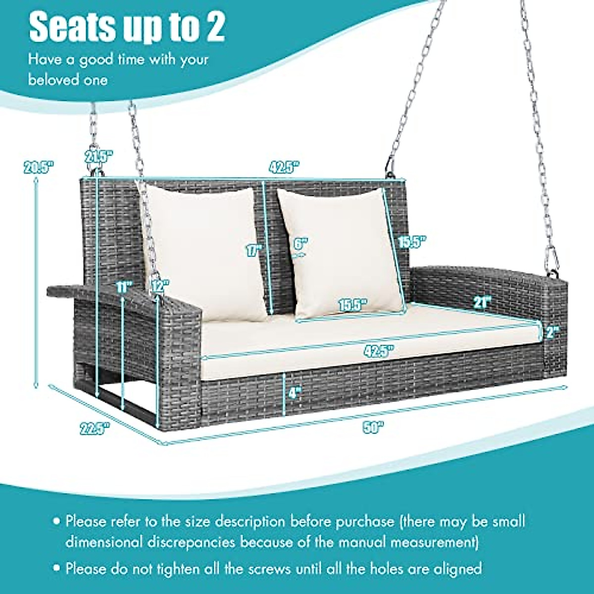 RELAX4LIFE 2-Person Porch Swing Bench - PE Rattan Outdoor Swing Chair with Comfortable Seat & Back Cushions, Rustproof Metal Chains, Patio Loveseat Swing for Balcony, Garden, Yard, 800 LBS (Off White)