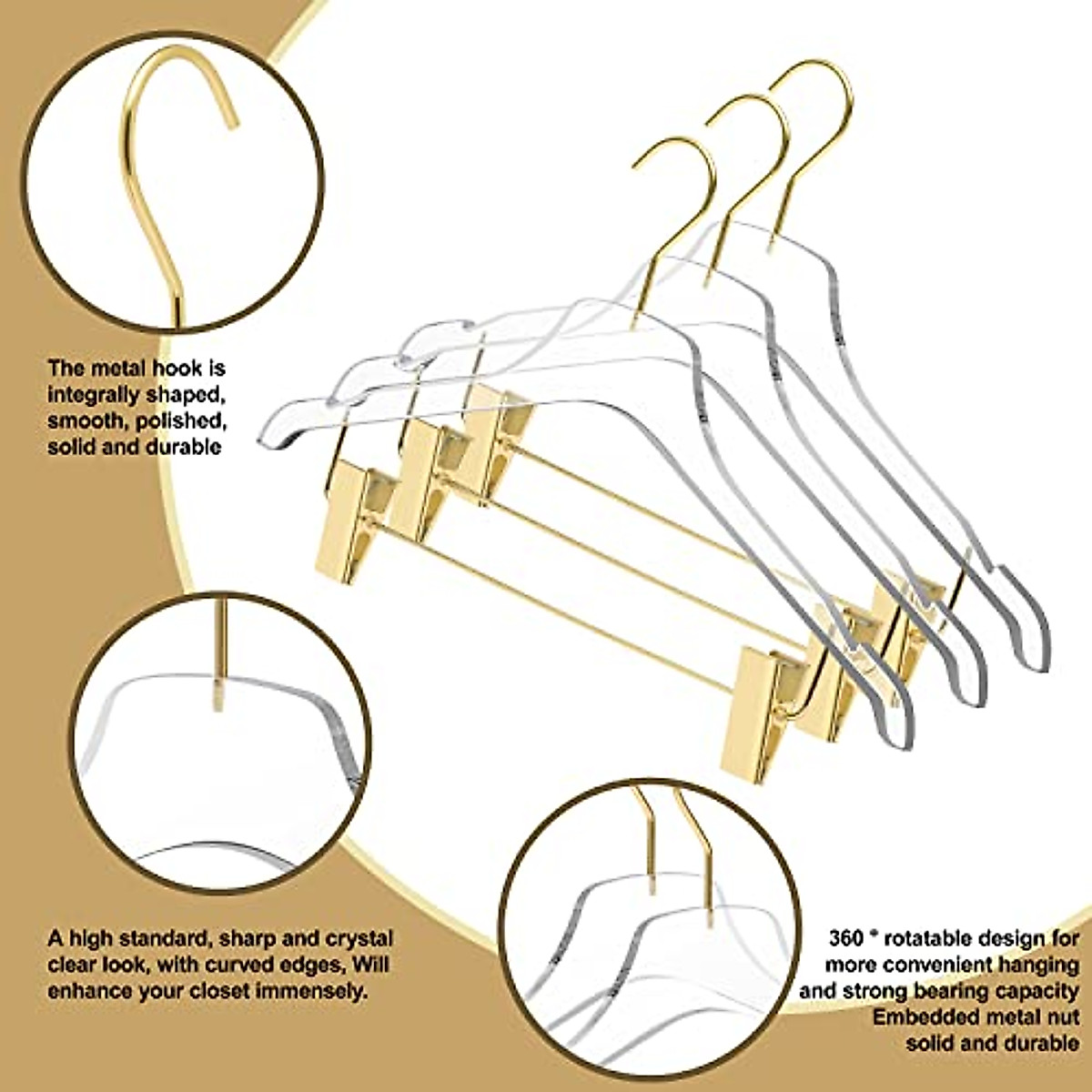 Quality Lucite Acrylic Clear Skirt Pants Trousers Bottom Hangers 5-Pack, with Adjustable Metal Clips, Made of Clear Acrylic for a Luxurious Look and Feel with Swivel Hook (Matte Gold, 5)