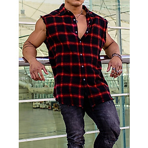 Men's Sleeveless Flannel Plaid Shirts Casual Button Down Cowboy Vest Shirts A: Red Medium