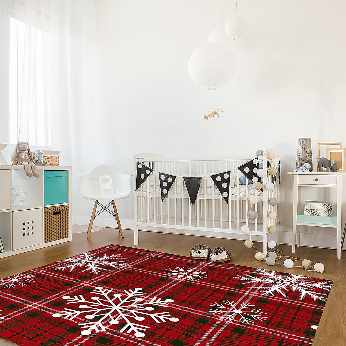 Merry Christmas Area Rug Indoor Carpet 2"x3", Winter Snowflakes On Red and Black Plaid Anti-Slip Low-Pile and Soft Accent Rug for Living Room Dining Room Bedroom