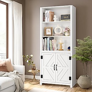 SEJOV Bookshelf 5 Tier Tall Bookcase with Doors Storage and 3-Tier Open Shelves Wood Farmhouse Bookshelves Cabinet Organizer for Living Room, Study, Kitchen, Home Office, White