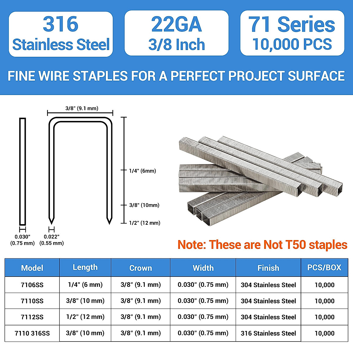 meite 22 Gauge 71 Series 316 Stainless Steel Upholstery Staples, 3/8-Inch (9.1 mm) Crown 3/8-Inch Length Fine Wire Staples Marine Upholstery Staples for Stapler Gun (10,000 Counts)