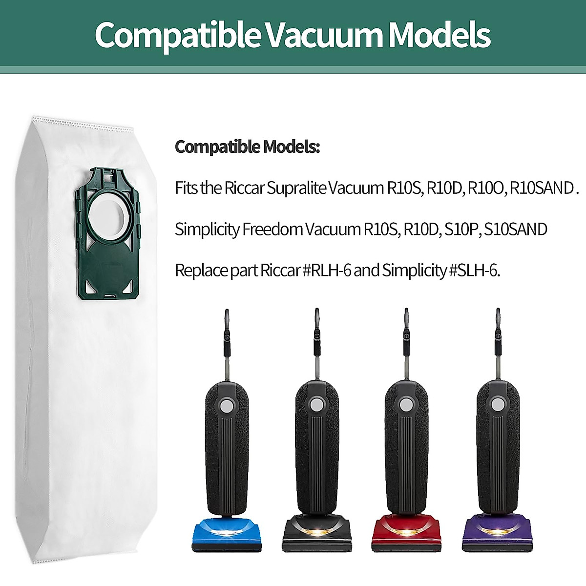 6 Pack Replacement HEPA RLH-6 Vacuum Bags for Riccar SupraLite R10S R10D R10O R10SAND Freedom R10S R10D S10P S10SAND Upright Vacuums Cleaner Replace Part RLH6 SLH6
