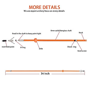 Bowfishing Arrows 34inch Solid Fiberglass Shaft with Broadhead for Compound Bow Recurve Bow Fishing Arrow Archery Hunting (Pack of 6)