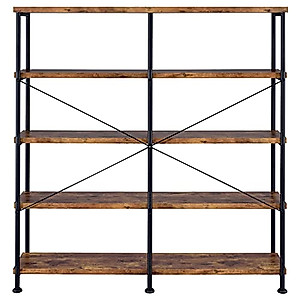 Coaster Analiese Rustic Industrial 60" 4-Shelf Wood Double Bookcase With Black Metal Frame, Brown Nutmeg