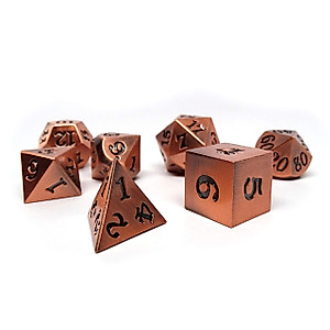 Legendary Copper Metal Polyhedral Dice Set with Black Signature Font - 7 Piece Collection
