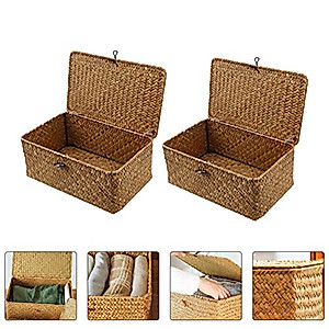 DOITOOL 2pcs Straw Storage Baskets with Lid Seagrass Seaweed Woven Storage Box Laundry Hampers Desktop Sundry Organizer for Clothes Washing Sorting Picnic 26X16x10CM