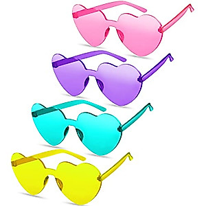TOODOO 4 Pieces Heart Shape Rimless Sunglasses Transparent Candy Color Party Eyewear()