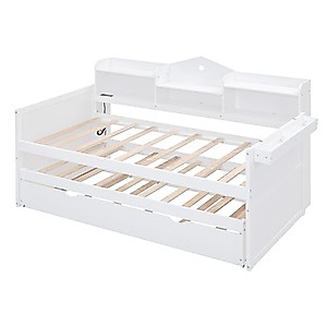 Linuque Twin Size Daybed with 2 Twin Trundles and Storage Shelf, Wooden Sofa Bed Frame with USB Charging Ports, No Box-Spring Needed, White