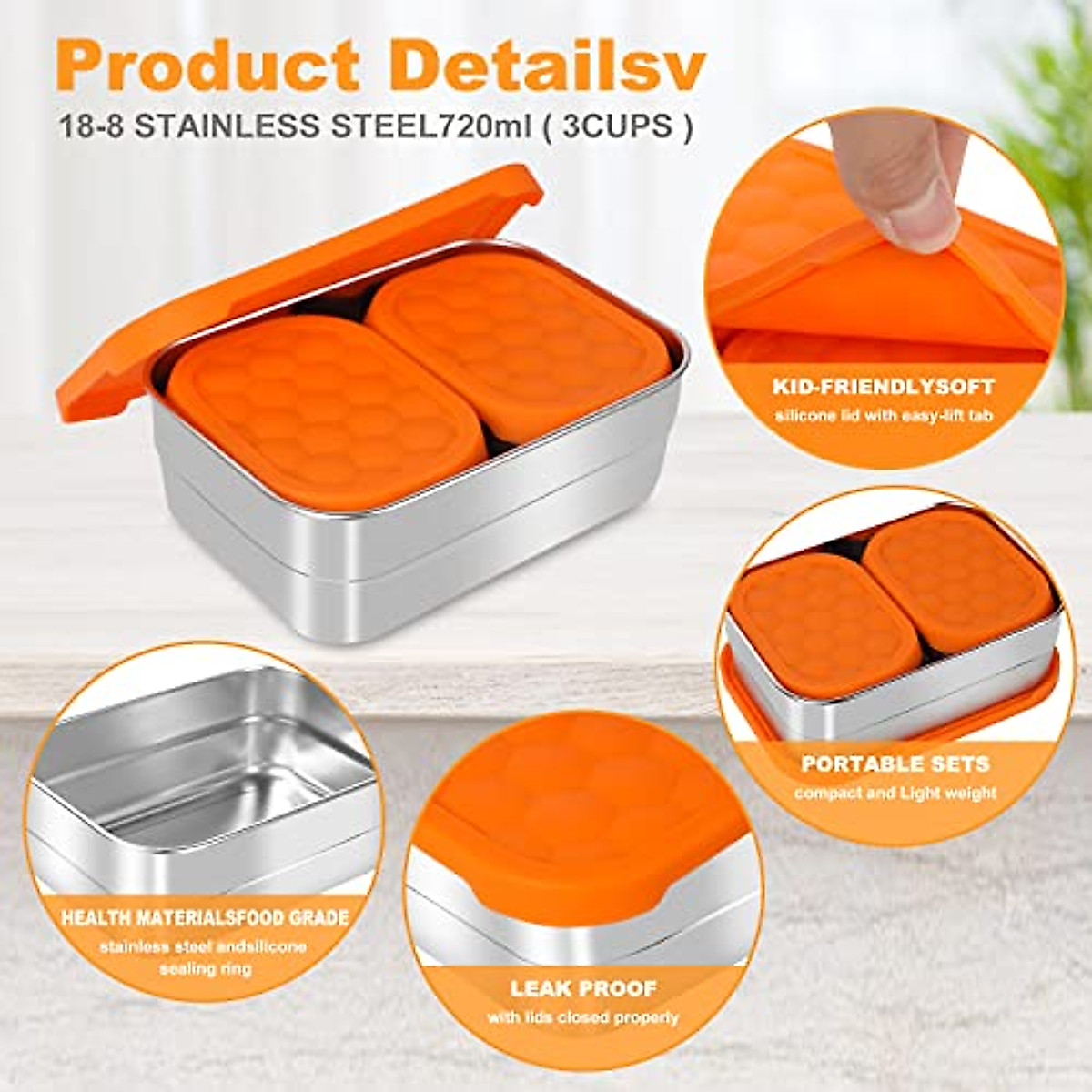 Hosercap Stainless Steel Lunch Snack Containers for Kids - Leak Proof 304 Stainless Steel Food Containers with Silicone Lids Metal Lunch Box Containers for Toddlers Kids (25oz+8oz*2, Set of 3)