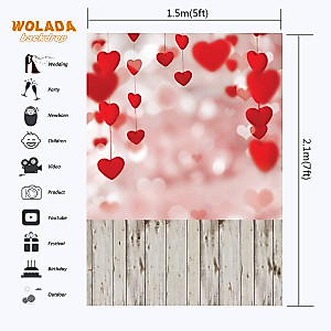 WOLADA 5x7FT Valentine's Backdrop for Photography Valentine's Day Backdrop Rustic Wood Red Love Heart Backdrop Romantic Love Theme Backdrop Engagement Wedding Party Decoration Photo Backdrop 10870