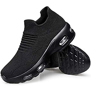 DOUSSPRT Womens Walking Sneakers Slip on Sock Shoes Mesh Air Cushion Platform Workout Tennis Loafers Fashion Casual 002 allblack US Size 8
