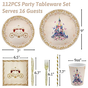 AIBIIN 112 PCS Princess Party Plates Princess Birthday Decorations Once Upon a Time Castle Princess Party Tableware Set Purple Floral Napkins for Girl Baby Shower Party Decor Supplies Favors Serves 16
