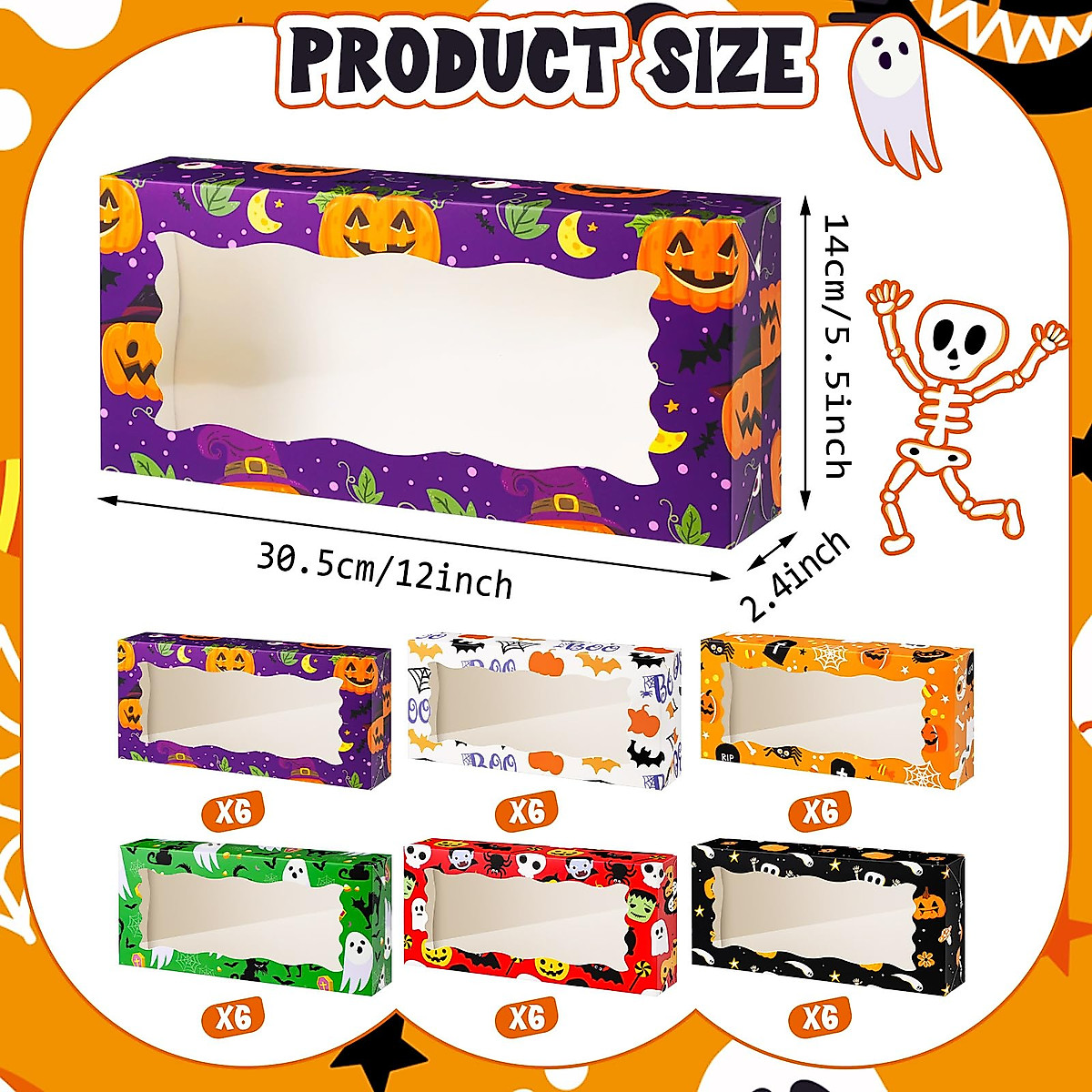 ReliThick 36 Pcs Halloween Cookie Boxes with Window 12 x 5.5 x 2.5 Inch Halloween Bakery Box Treat Boxes Dessert Boxes with Window for Cupcake Donuts Candies Pies Halloween Party Favors