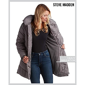 Steve Madden Women's Long Chervron Quilted Outerwear Jacket, Titanium, Large