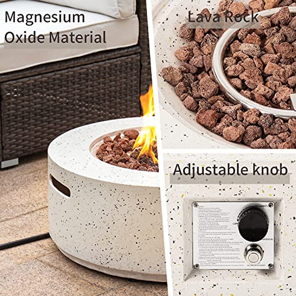 SUNBURY Outdoor 28 Inch Propane Fire Pit Table, Round Fire Table w Tank Table, 40,000 BTU Spotted White Patio Gas Fire Table w Tempered Glass Wind Guard, Waterproof Cover