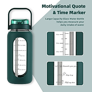 SIEROZUR 74oz Glass Water Bottle with Straw 2.2L Large Gallon Motivational Water Bottle with Handle and Time Marker Wide Mouth Water Jug with Silicone Sleeve