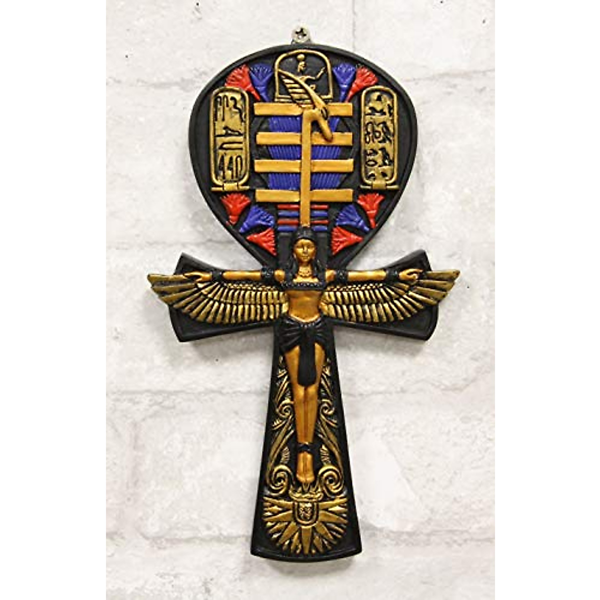 Ebros Crux Ansata Egyptian Ankh Of Isis With Open Wings And Cartouche Hieroglyphs Wall Decor Accent 3D Plaque Figurine 7.5" High Symbol of Life And Balance Gods Of Egypt (Colorful Black And Gold)