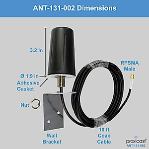 Proxicast Indoor/Outdoor Omnidirectional WiFi Antenna - Tri-Band 2.4/5.8/6 GHz - 3-5 dBi Gain - Vandal Resistant Low Profile Fixed Through-Hole Mount - 10 ft Coax Lead w/RP-SMA (ANT-131-002)