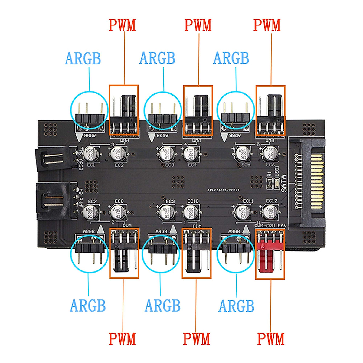 12V 4Pin PWM & 5V 3Pin ARGB with SATA 15Pin Power 2-in-1 Hub 6 Way Sync CPU Cooling Fan Addressable RGB Lighting PCB Splitter for Extended Motherboard Interface -Black Compatible With Desktop