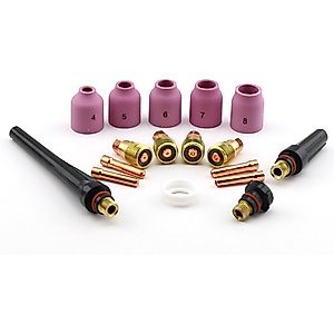 WeldingCity TIG Welding Torch Accessory Kit Stubby Setup (.040"-1/16"-3/32"-1/8") Collet-Gas Lens-Ceramic Cup-Gasket-Back Cap for Torch 17, 18 and 26 Weldcraft Miller Lincoln Hobart ESAB