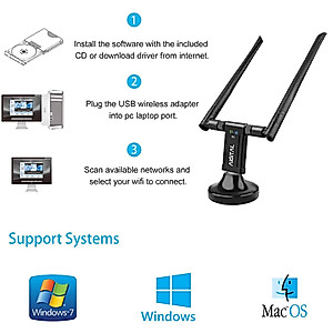 1200Mbps USB WiFi Adapter Wireless Network Adapter for Laptop/Computer/Notebook with Extension Cable and Base, Compatible with Windows 11/10/8/7/XP & Mac OS X