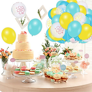 JarThenaAMCS 60Pcs Cartoon Sponge Party Balloon Bikini Flower Bubble Printed Latex Balloon Teal Blue Yellow Clear Balloon for Birthday Baby Shower Party Decor, 12 in