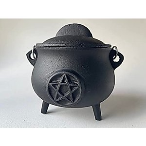 Pentagram Pentacle cast Iron Cauldron with lid and Handle, Witches Cauldron, Great for use with Charcoal Incense, Smudge Sage (Large 5.5 Inches)