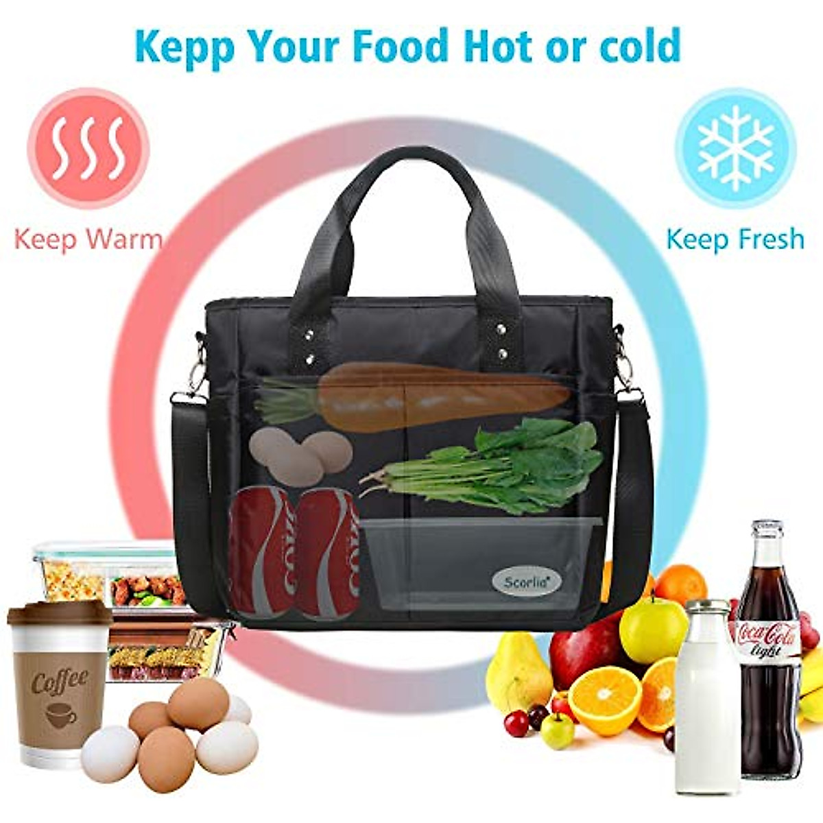 Scorlia Insulated Lunch Bag, Extra Large Lunch Tote Bag With Removable Shoulder Strap, Durable Reusable Cooler lunch Box Bag with Side Pockets, Tall Drinks Holder for Women Men Work, Black
