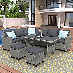 FANYE 5 Pieces All Weather Outdoor Patio Furniture Conversation Sets PE Wicker Rattan Sectional Couch Include 1 Table, 2 Sofas, 2 Ottomans and 3 Pillows Corner, Dark Gray