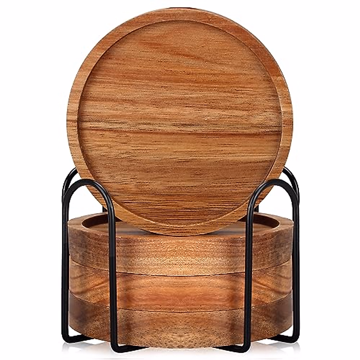 4 Pcs Best Wooden Coasters with Holder Cute Coasters Acacia Wood Drink Coaster Set Round Cool Beer Coaster Decor Beverage Cup Coasters Modern Bar Coasters Gift Best Coffee Table Coasters