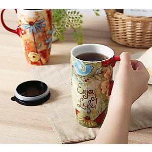 CEDAR HOME Travel Coffee Ceramic Mug Porcelain Latte Tea Cup With Lid in Box 17oz., Flower Enjoy Life, 2 Pack