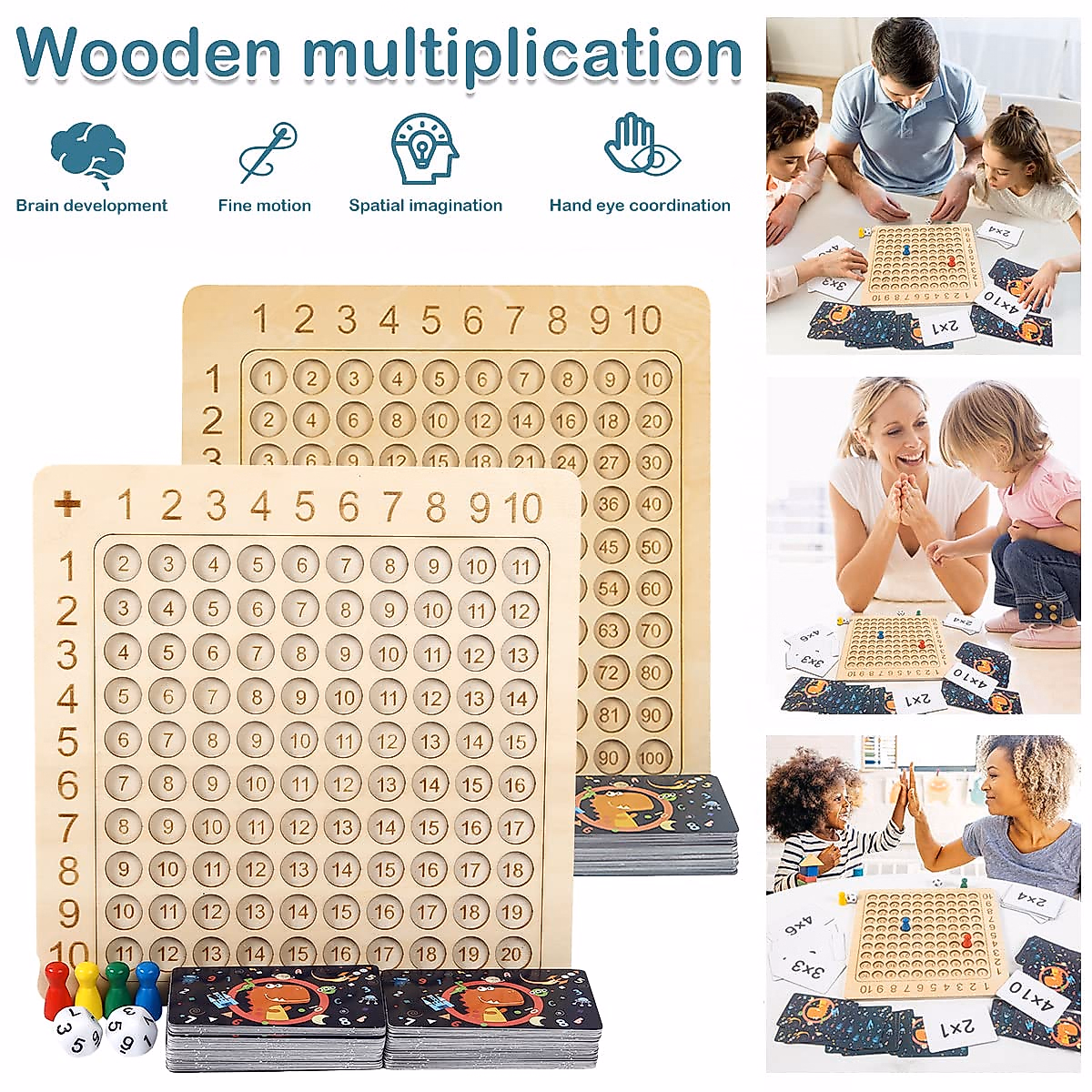 2 Pack Wooden Math Multiplication Board ＆ Addition Board, Montessori Hundred Board, Math Table Board Game, Creative Educational Preschool Learning Counting Toys for Toddlers Kids Over 3 Years Old