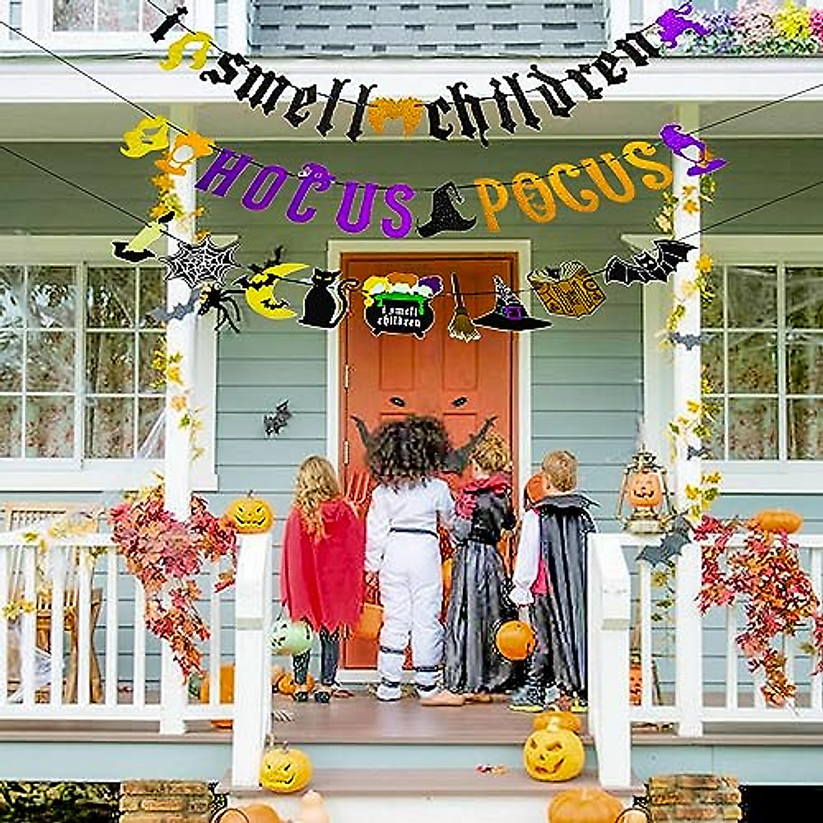 Pre-strung Hocus Pocus I Smell Children Halloween Banner, 3 Packs Glitter Halloween Decorations, 3D Witch Bats Home Decor, Halloween Wall Hanging Décor, Party Decoration Supplies Kit