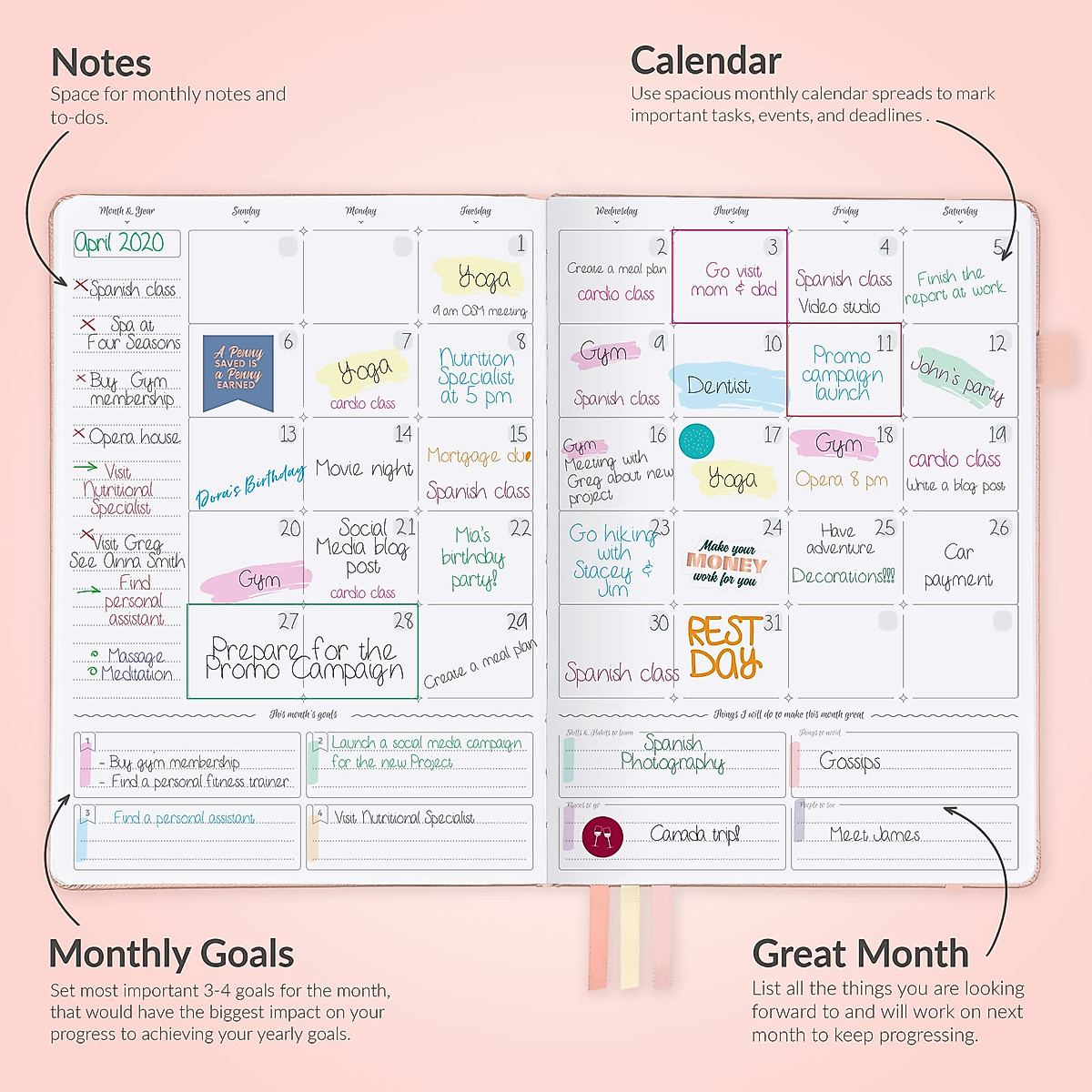GoGirl Planner PRO - Undated Horizontal Layout Weekly Planner and Organizer + Budgeting and Expense Tracking Pages, Goals Journal & Agenda, 7" x 10" Hardcover, Lasts 1 Year - Peach Pink
