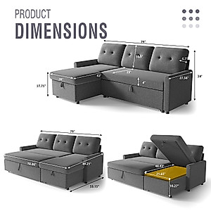 IULULU L Shaped Sectional Sofa, Convertible Sleeper with Pullout Bed, Storage Chaise, 2 in 1 Pull Out Couch for Living Room, Apartment, Grey