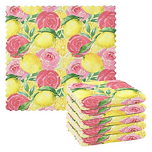 Boccsty Yellow Lemons Pink Roses Kitchen Towels 6 PCS Summer Fruit Floral Hand Bath Towel Dish Towels Tea Bar Towels for Bathroom Farmhouse Housewarming Tabletop Home