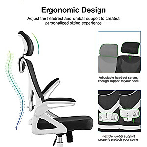Yaheetech Ergonomic Mesh Office Chair, High Back Desk Chair with with flip-up Armrests, Adjustable Padded Headrest Computer Chair with Lumbar Support for Home Oiffce Game Room, White/Black