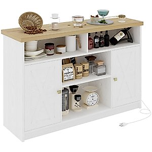 IRONCK Coffee Bar Cabinet with Power Strip, 47" Storage Cabinet with Barn Doors and Thickened Top Board, White Sideboard, Buffet for Dinning Room, Kitchen, Living Room