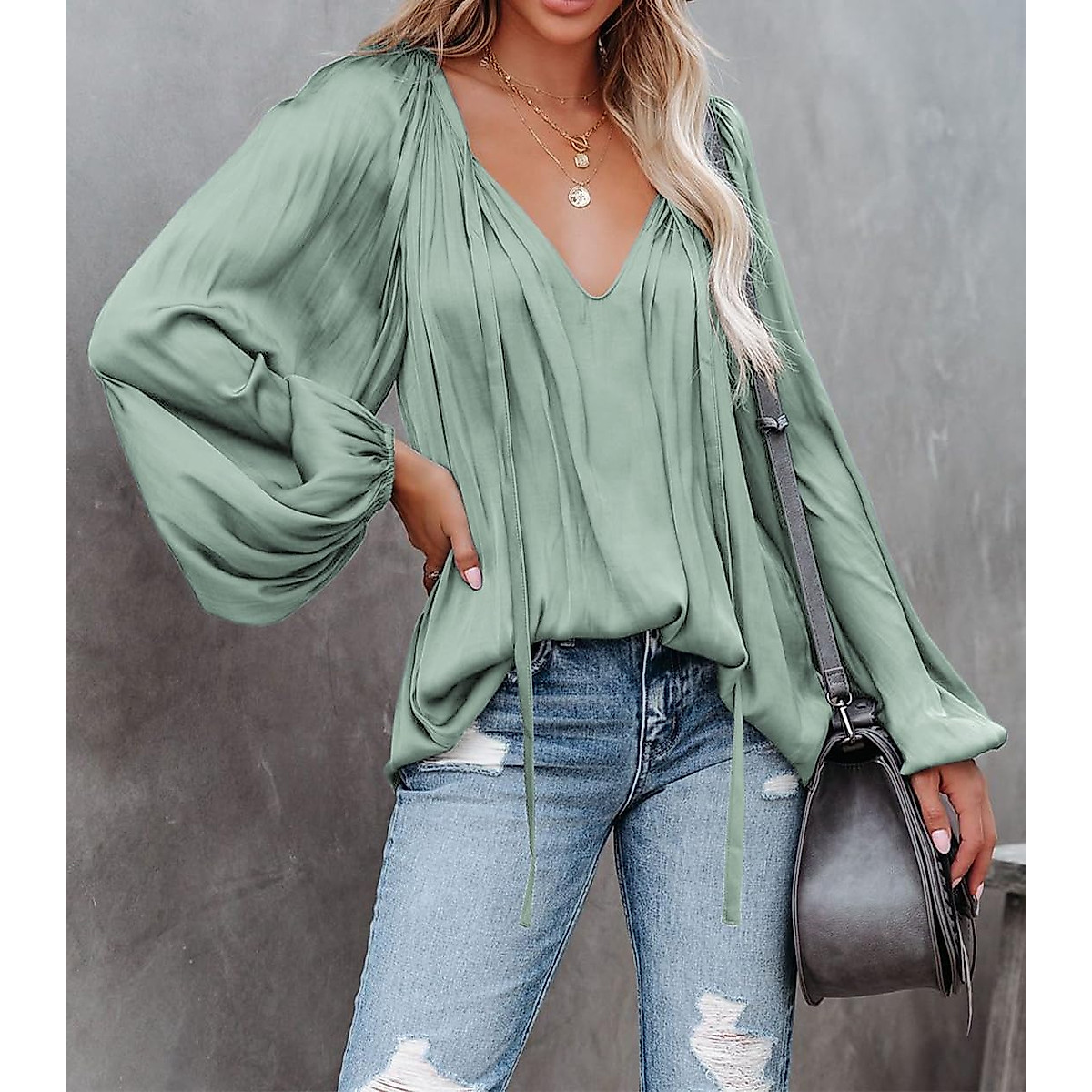 LAMISSCHE Womens Sexy Deep V Neck Blouse Lantern Long Sleeve Chiffon Shirt Oversized Drawstring Silk Satin Tunic(Light Green,XL)