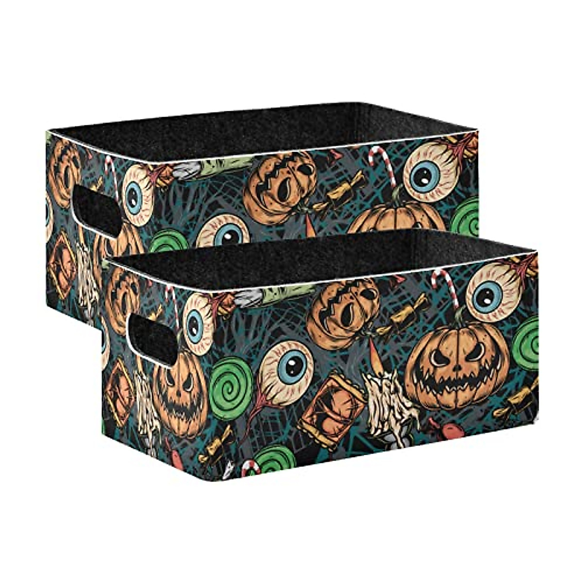 Emelivor Halloween Pumpkins Storage Basket Bins Set (2pcs) Felt Collapsible Storage Bins with Fabric Rectangle Baskets for Organizing for Office Bedroom Closet Babies Nursery Toys DVD Laundry