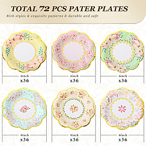 Maxcheck 72 Pcs Floral Paper Plates Flower Plates with Gold Rim Disposable Plates for Tea Party Decorations Birthday Baby Shower Wedding Bridal Supplies (6 Inch)